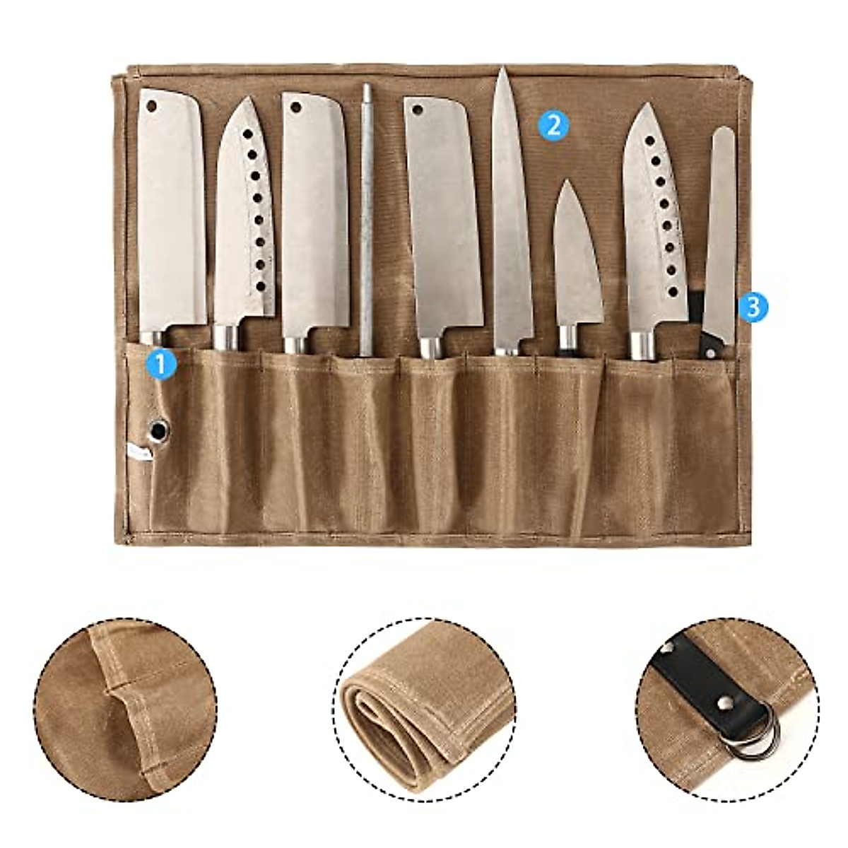 Chef’s Knife Roll Case with 9 Slots,Waxed Canvas Chef Knife Bag, Portable Travel Chef Knife Case with Leather Belt,Knives Holders Protectors,Knife Roll Bags for Chefs Culinary Camping BBQ. (Brown)