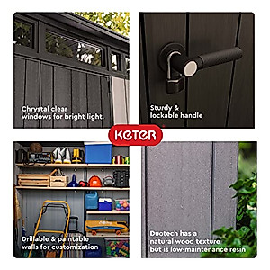 Keter Artisan 9x7 Foot Large Outdoor Shed with Floor with Modern Design for Patio Furniture, Lawn Mower, Tools, and Bike Storage, Grey