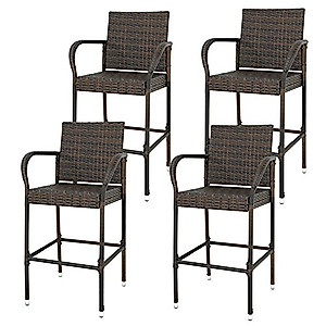 LEMY Outdoor Brown Wicker Rattan Bar Stool All-Weather Patio Furniture Chair Set with Armrest and Footrest (Set of 4)