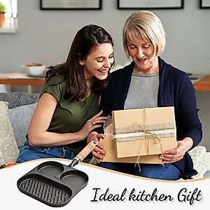 Egg Pan Omelette Pan, 3 Section Square Divided Breakfast Grill Pan with Solid Wood Handle，Nonstick Egg Frying Pan for Stove Tops, Kitchen Cooking Tool for Indoor Cooking & Outdoor Grilling (Black)