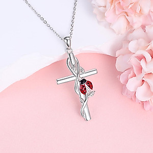 925-Sterling-Silver Cross Necklace for Women - Cute Red Ladybug Necklaces Religious Pendant Hypoallergenic Ladybug Jewelry Birthday Christmas Gift for Teen Daughter Mother (Ladybug Cross Necklace)