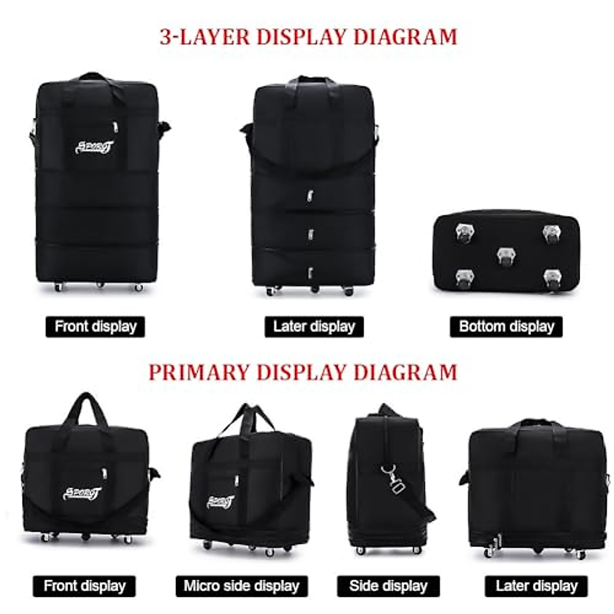 Expandable Rolling Wheeled Duffle Bag Spinner Suitcase Foldable Luggage Expandable (32''), Black