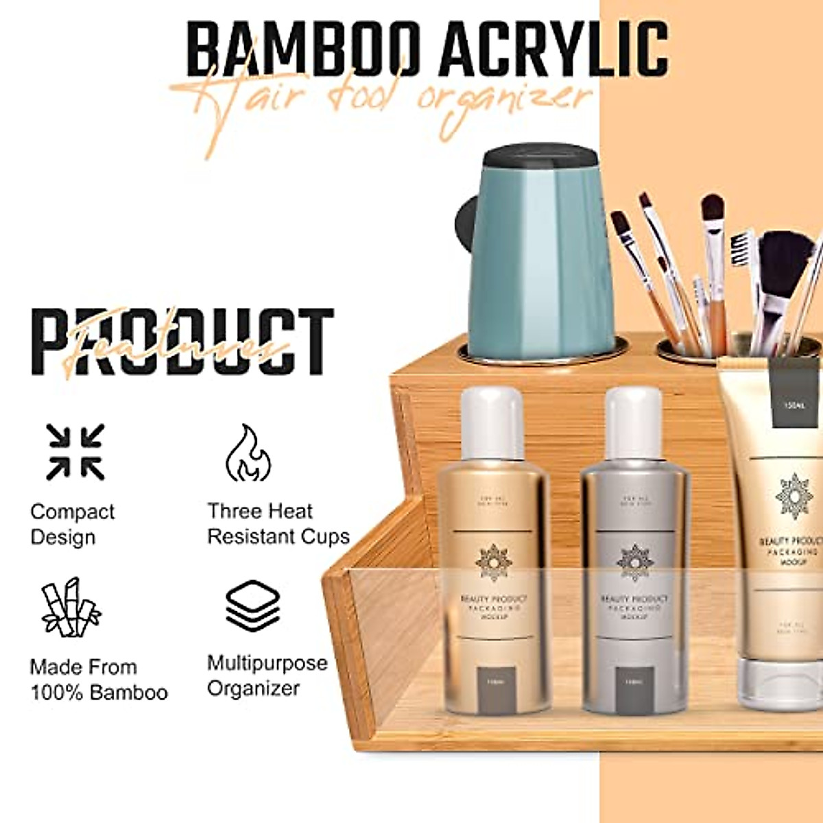 Hair Tool Organizer Bamboo and Acrylic Hair Accessories Hot Tool Holder, Wall Mount, Vanity Organization or Bathroom Sink Organizer for a Hair Dryer, Curling Iron, Flat iron, Brushes and Hair Products