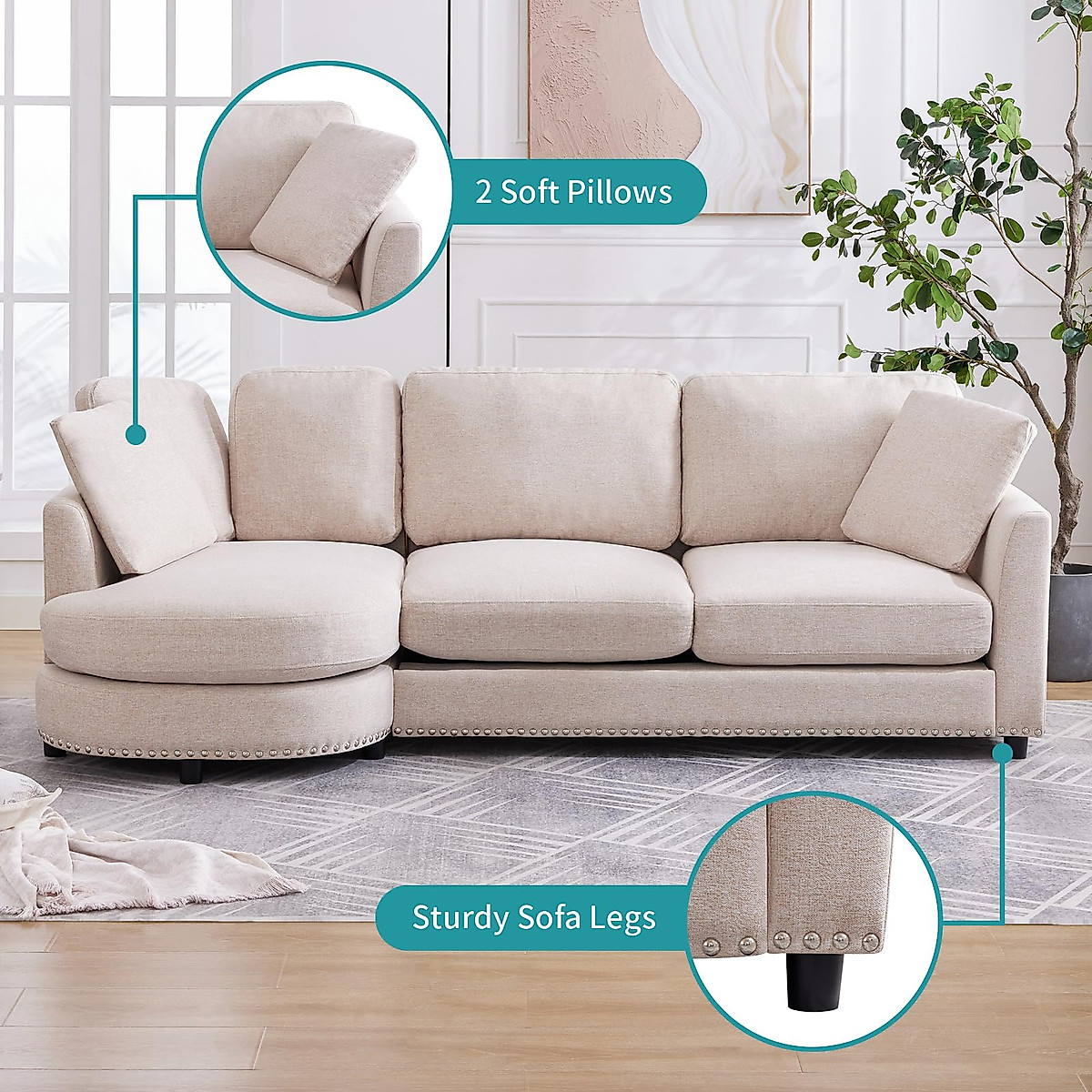 BALUS 89''W Sectional Sofa Couch with Chaise,Cloud Couch 3 Seat L-Shaped Sofa with 2 Throw Cushions, Modern Linen Fabric Beige Sectional Couches for Living Room