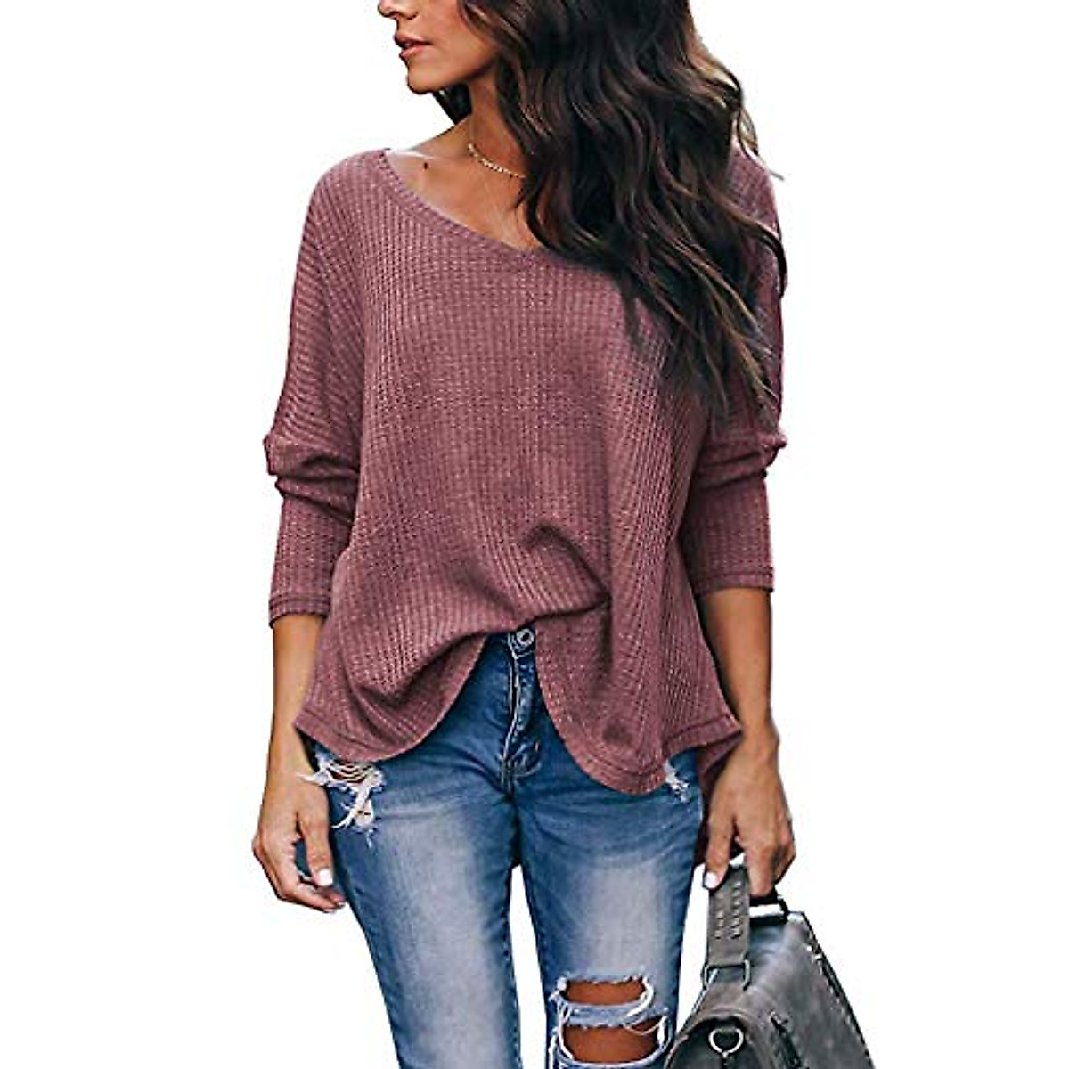 LuckyMore Women Long Sleeve V Neck Tops Sexy Off The Shoulder Loose Pullover Sweater Rust Red S