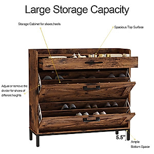 Hooseng Shoe Cabinet, Wooden Shoes Rack Shoe Storage Cabinet with 2 Flip Drawers & 1 Small Drawer Small Shoe Rack Organizer Freestanding Tipping Bucket Shoe Rack for Entryway, Hallway, Rustic Brown
