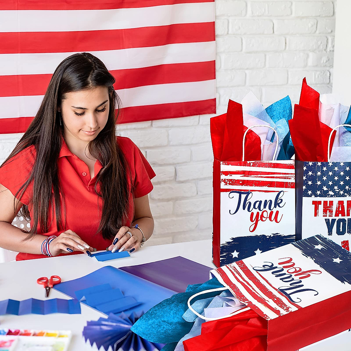 Pajean 16 Pieces Patriotic Thank You Gift Bags with 18 Red White Blue Tissue Paper American Flag Party Favor USA Treat Goodie Handle for Veterans Day Memorial Independence