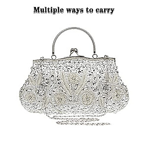 COAIMANEY Womens Vintage Floral Beaded Rhinestone Embroidery Clutch Purse Evening Handbag Shoulder Bag for Wedding Party Prom