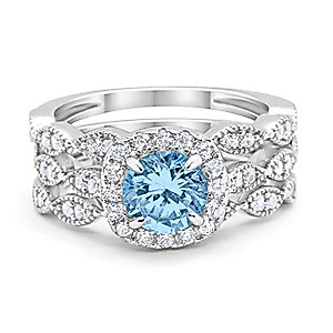 Blue Apple Co. Halo Art Deco Three Piece Wedding Engagement Bridal Set Ring Band Solid Simulated Aquamarine CZ 925 Sterling Silver, Size-12