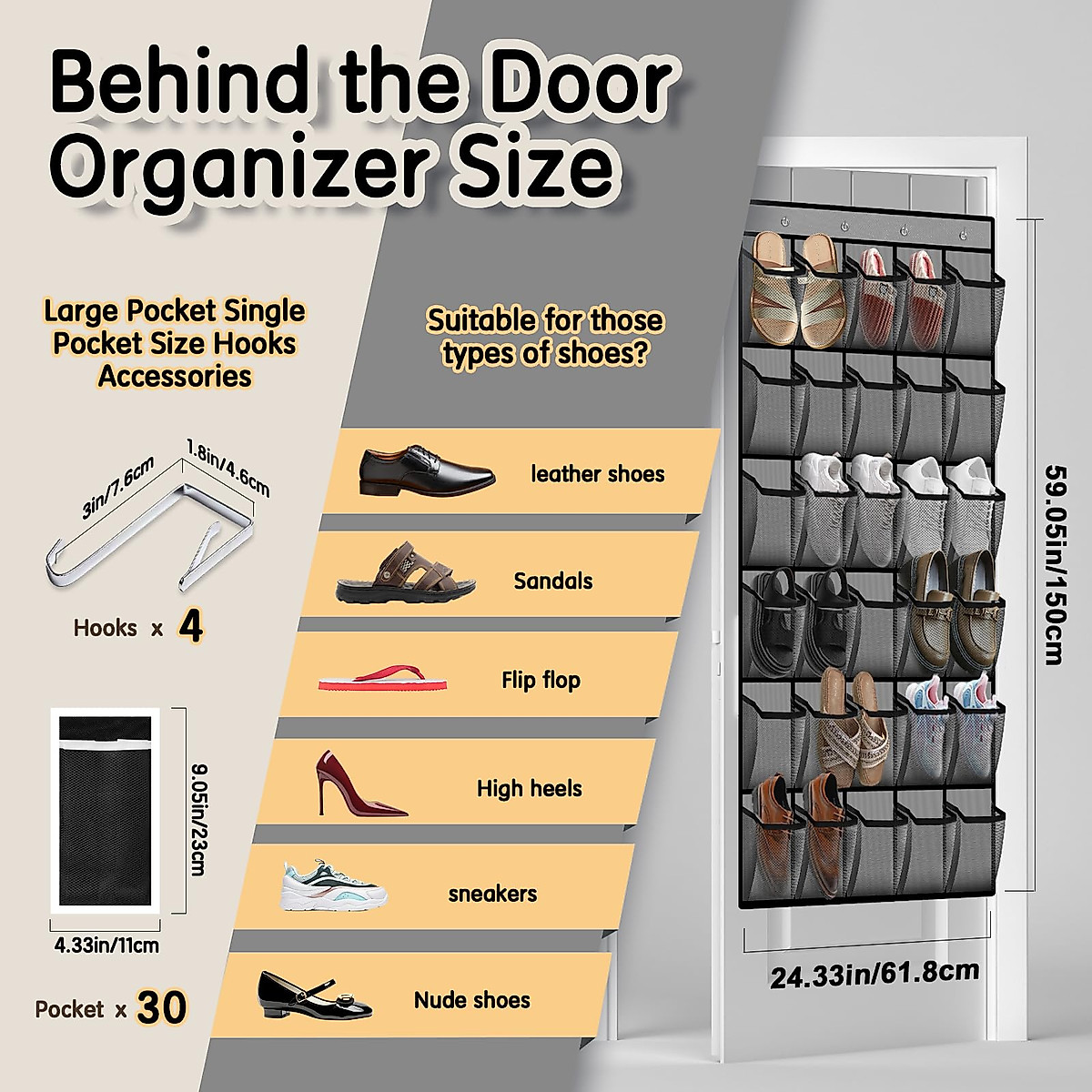 30 Compartment Breathable Mesh Pocket Over the Door Hanging Shoe Organizer, Closet Shoe Organizer, Large Men's and Women's Shoe Organizer, Hanging Over the Door Shoe Organizer (Gray)