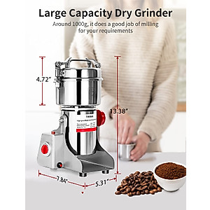 1000g Electric Grain Mill Grinder 2800W High Speed Powder Grinder Machine Stainless Steel Commercial Pulverizer Grinding Machine for Kitchen Pepper Coffee Corn