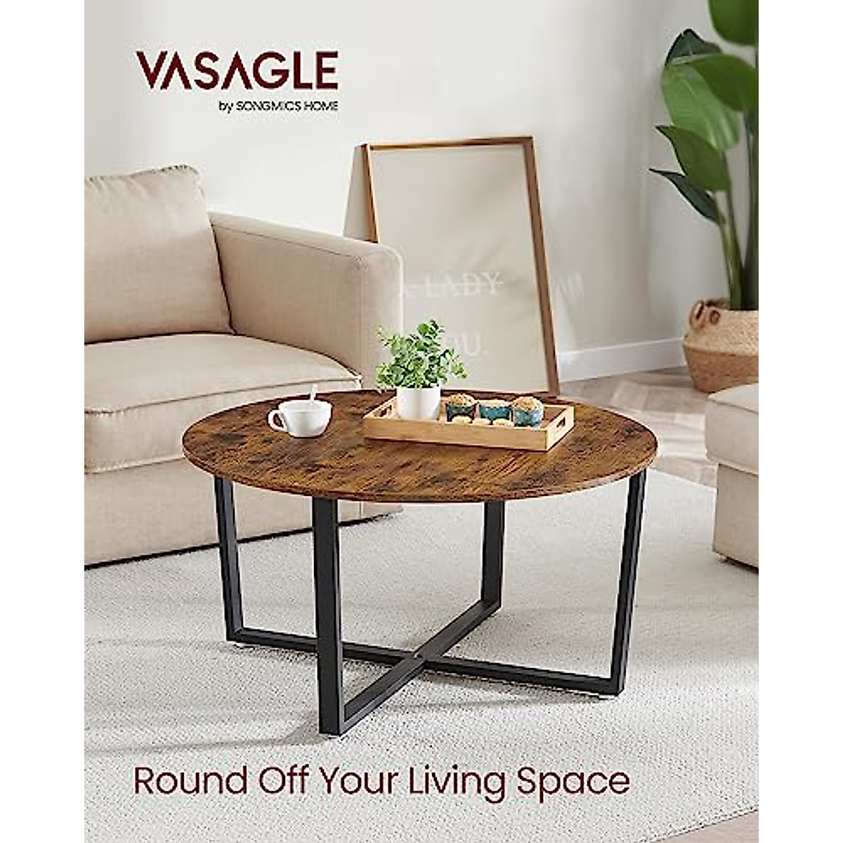 VASAGLE ALINRU Round Coffee Table, Industrial Style Cocktail Table, Durable Metal Frame, Easy to Assemble, for Living Room, Rustic Brown ULCT88X 39.4 x 21.7 x 17.7 Inches