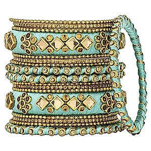 Aheli Ethnic Handmade Silk Thread Faux Stone Studded Bangle Set Chudha Indian Traditional Wedding Wear Fashion Jewelry for Women (Light Green 2.8 Inch)