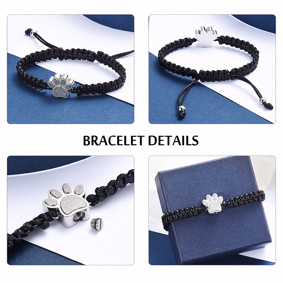 constantlife Cremation Bracelet for Pets Ashes - Dog Paw Pendant Bangle Stainless Steel Memorial Urn Jewelry (Black Rope-2Pcs/Silver+Black)
