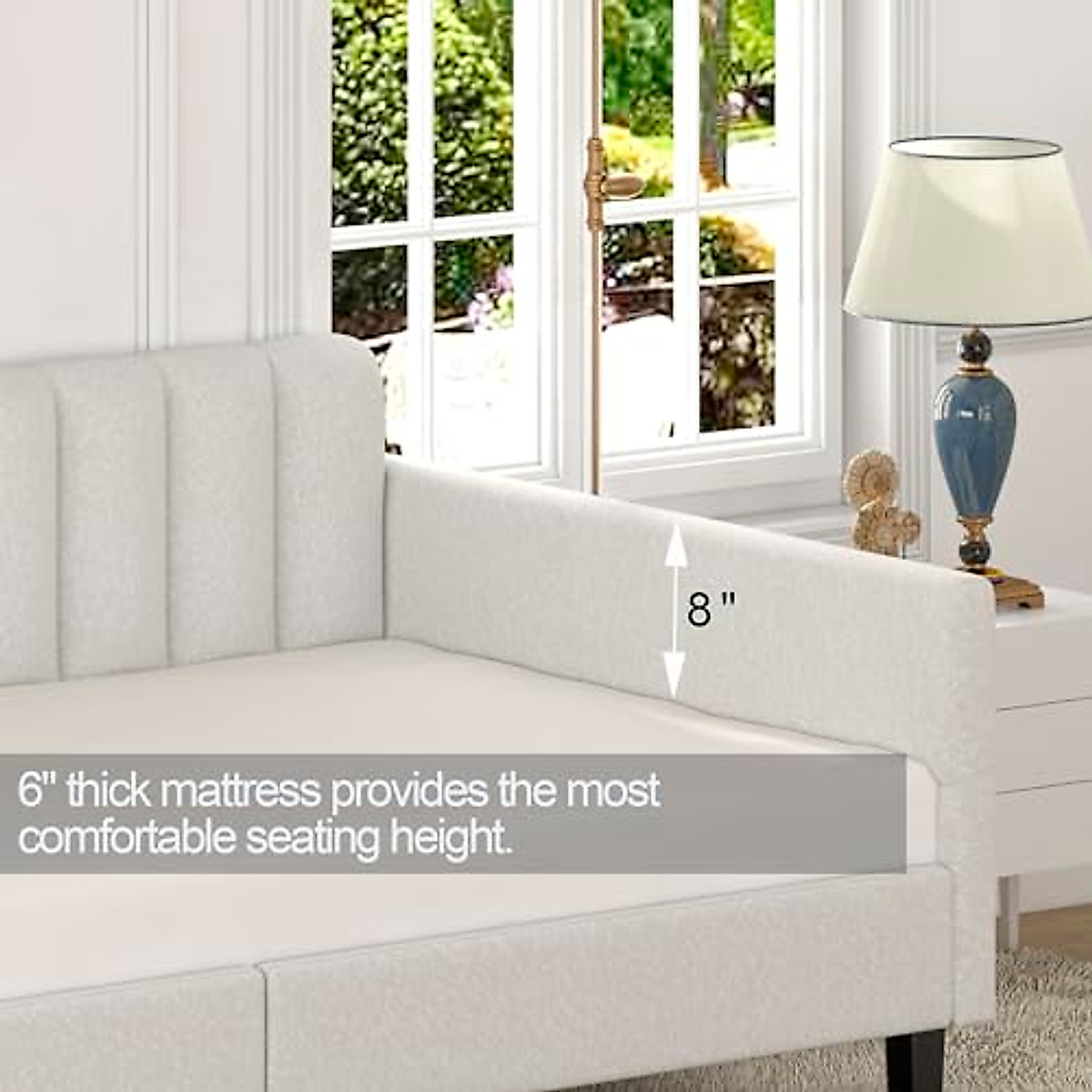 YOPTO Twin Size Boucle Upholstered Daybed, Ribbed Tufted Backrest, Daybed in Lavish Modern Design,Richly Foam hued and Super Comfort,Cream Ivory