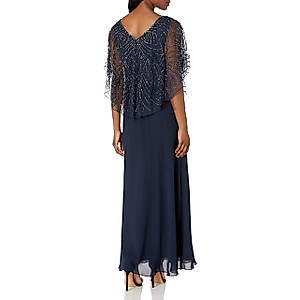 J Kara Women's Petite Pop Over Long Beaded Dress, Navy/Shaded/Mercury, 10P