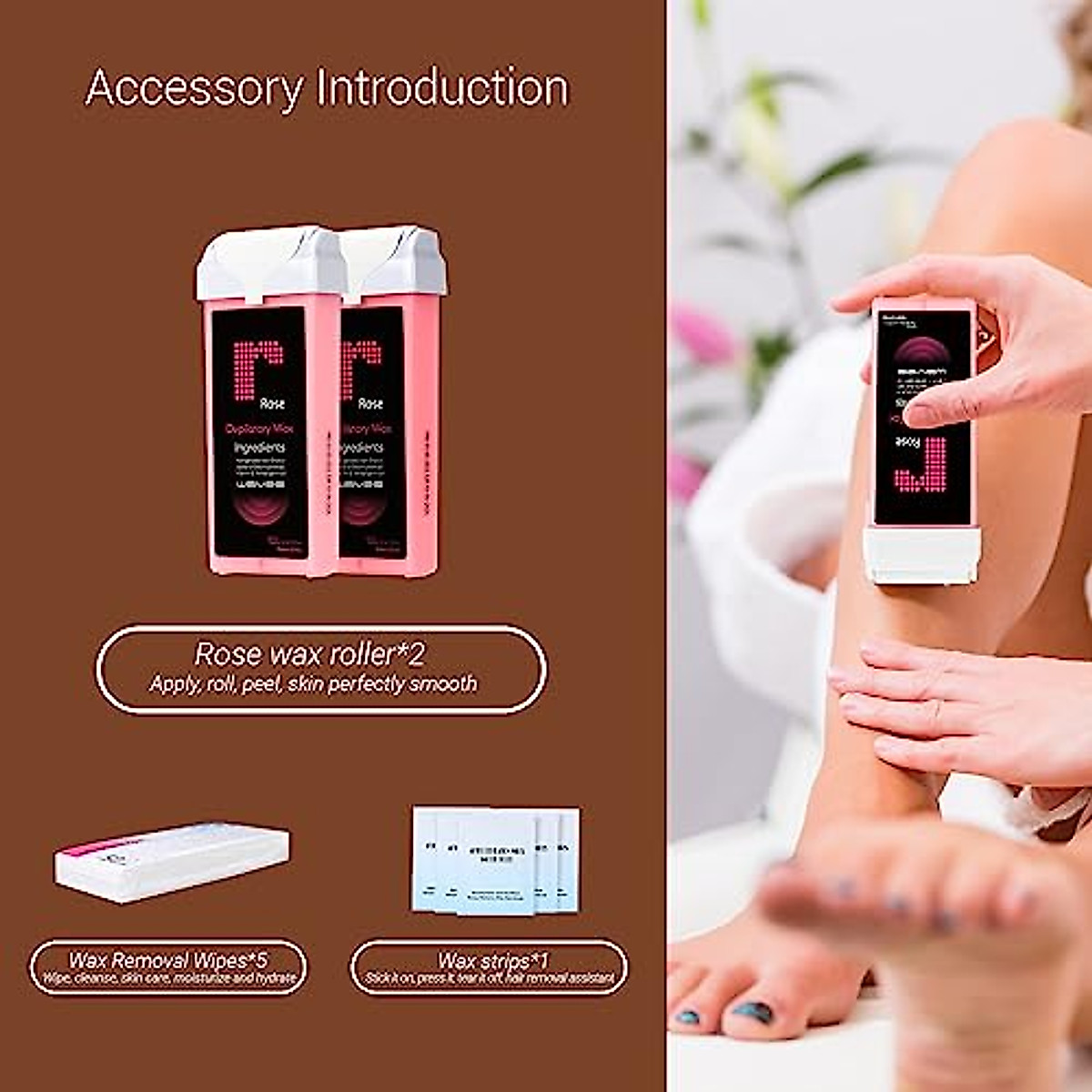 Waxfans Wax Roller Kit, Wax Roller,Wax Warmer*1,Wax Roller*4,Wax Strip*100, After Wax Treatment Spray*1,Clean Oil Bag*5