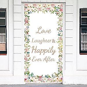 Joyiou Love Laughter Happily Ever After Backdrop Door Banner Decorations, Wedding Engagement Party Gift Sign Supplies, Bridal Shower Door Cover Photo Booth Props Décor