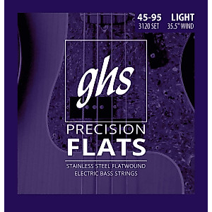 GHS Strings Medium Scale, 4-String Bass Precision Flats, Stainless Steel Flatwound, 35.5" Winding, Light (.045.095) (3120)