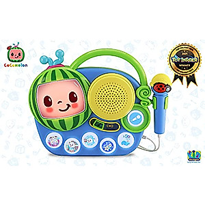 eKids Auxiliary Cocomelon Toy Singalong Boombox with Microphone for Toddlers, Built-in Music and Flashing Lights, Fans of Cocomelon Gifts