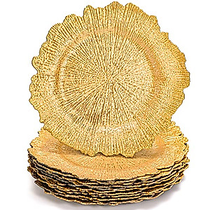 WUWEOT 12 Pack 13" Gold Charger Plates, Plate Chargers with Flora Reef Design, Plastic Round Ruffled Rim Dinner Charger Plates for Dinner Wedding Party Decoration