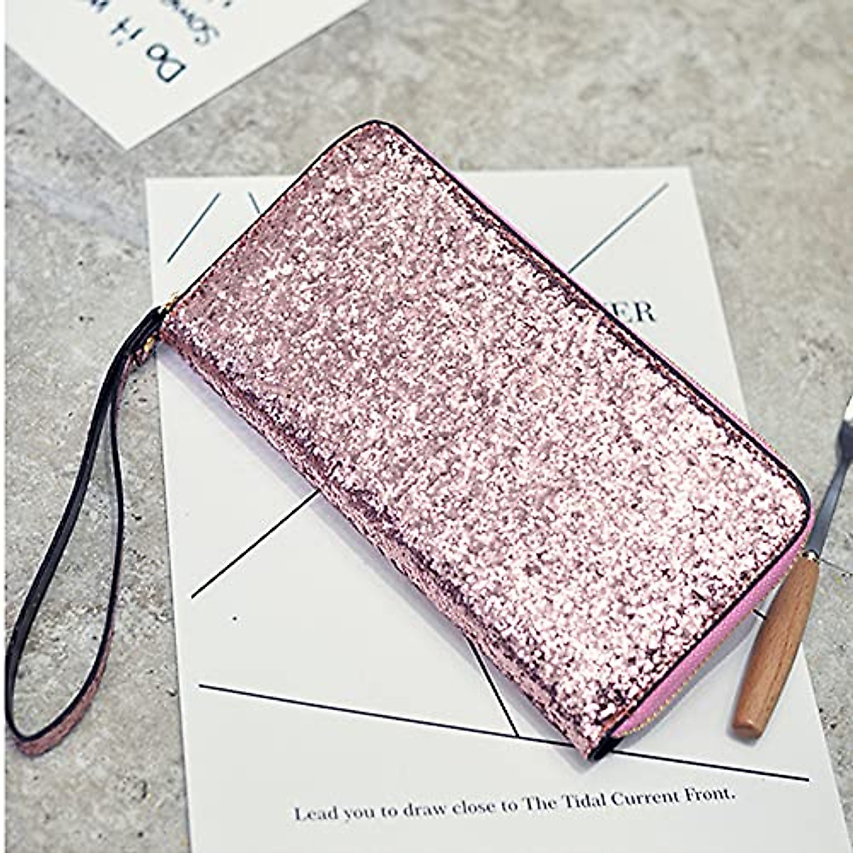 FuSi Women Sequined Wallet Casual 2-Fold Long Coin Purse (Pink), FSUS0073