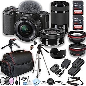 Sony ZV-E10 Mirrorless Camera with16-50mm & 55-210mm Zoom Lenses + 2pcs 64GB Memory + Case+ Tripod + Steady Grip Pod + Filters + Macro + 2X Lens + 2X Batteries + Accessory Bundle