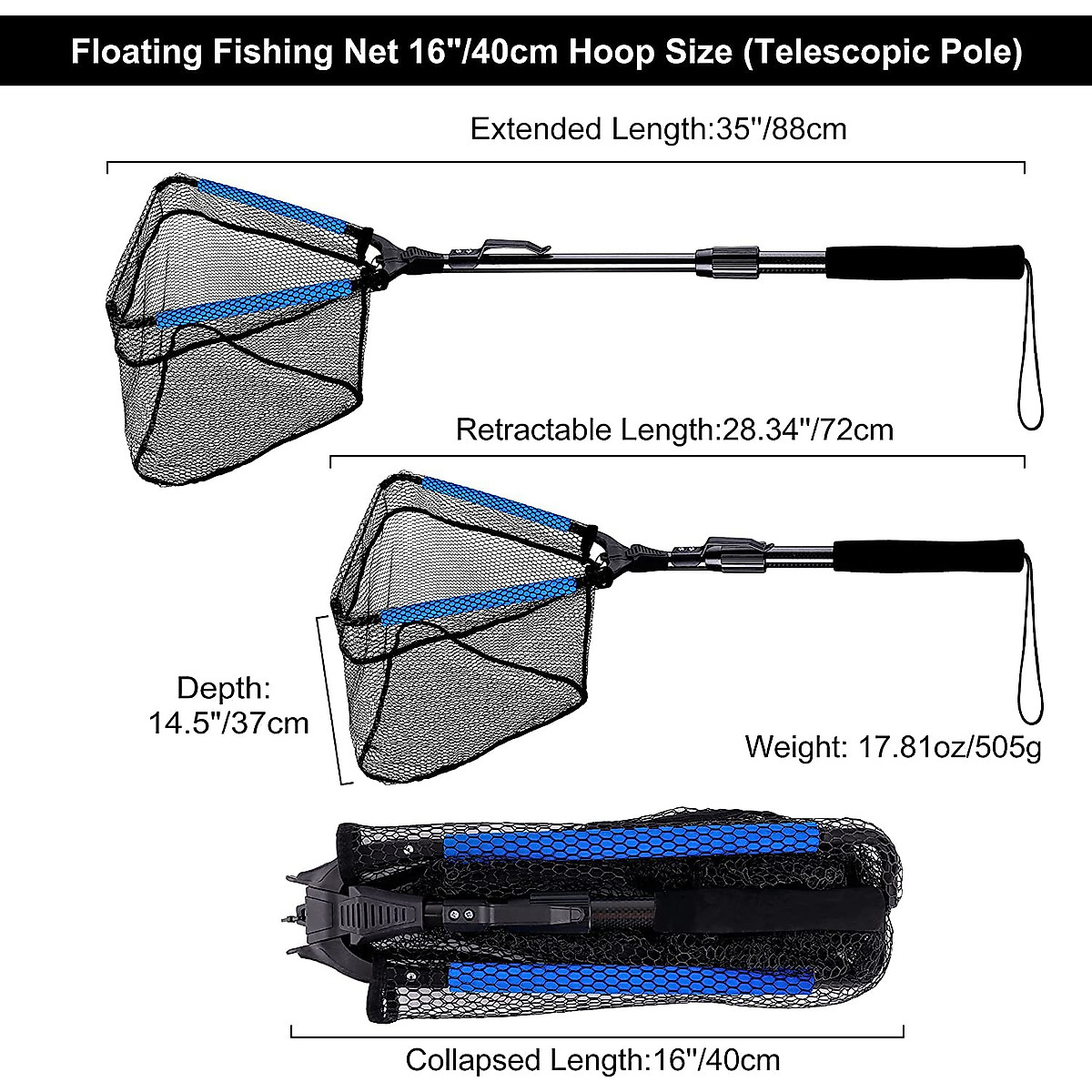 PLUSINNO Floating Fishing Net for Fly, Kayak, Catfish, Bass,Steelhead, Salmon, Trout Fishing, Portable Foldable Collapsible Telescopic Fish Landing Net, Fishing Gifts for Men Dad Grandpa
