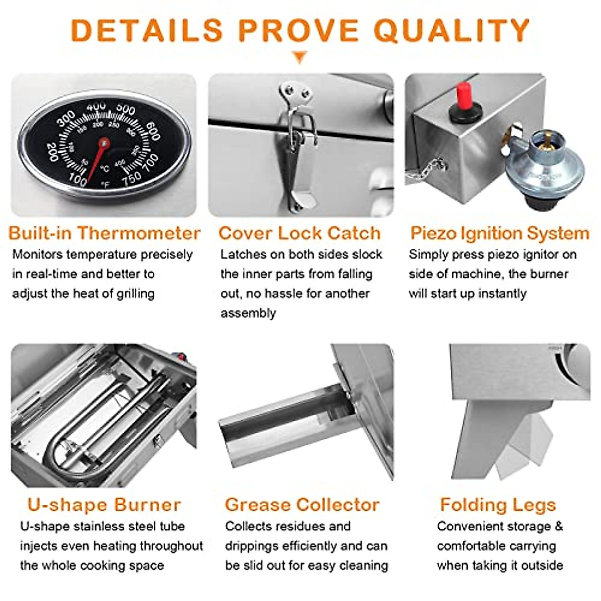 ROVSUN Portable Tabletop Propane Grill, Outdoor Gas Grill with Built-in Thermometer & Full Stainless Steel Body for Picnic Camping BBQ RV Patio Garden