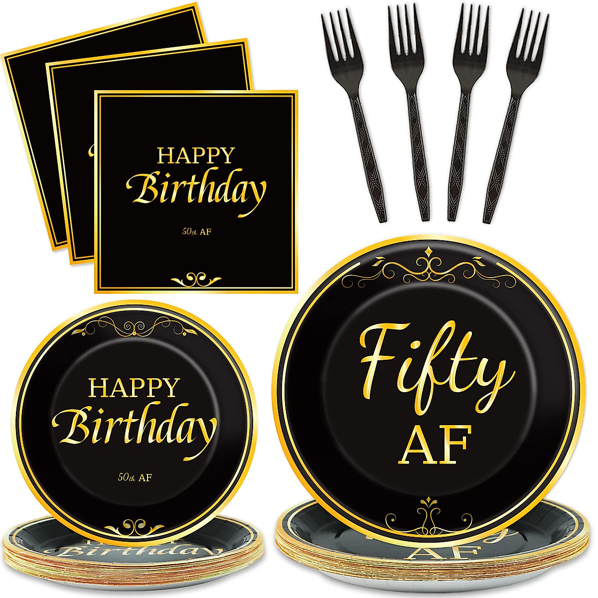 50th Birthday Black Gold Party Paper Plates and Napkins Supplies Disposable Fifty AF 50 Years Party Decorations for Him Her Serve 24 Guests