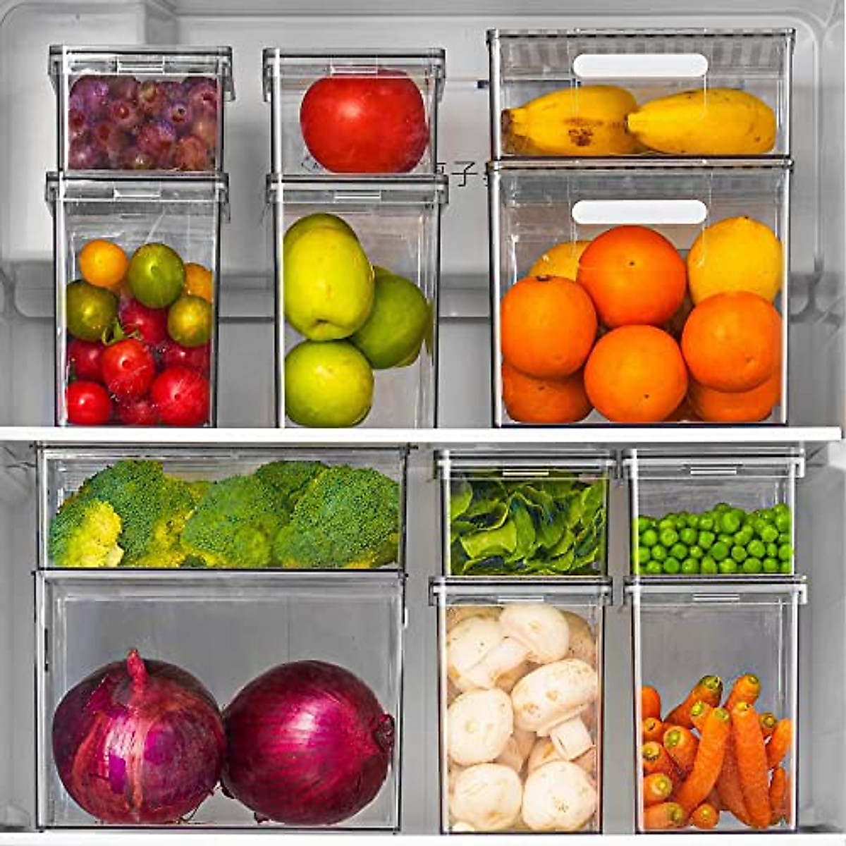 vacane 4 Pack Plastic Shallow Storage Organizer Box Containers with Lids, Stackable Pantry Organizer Built-In Handles Refrigerator Organizer, Storage Cube Hold Food, Snacks, Makeup, Toys-Clear