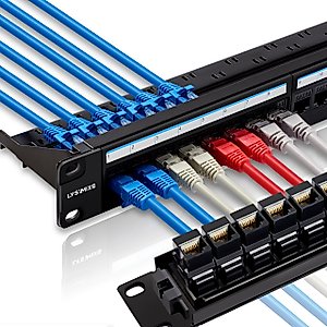 Lysymixs 24 Port RJ45 Patch Panel Cat6 Feed Through, Coupler Network Patch Panel 19 Inch, Inline Keystone Ethernet Patch Panel with Back Bar