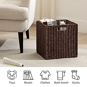 UBBCARE 3 Pack Wicker Basket, 11.8L×11.8H×11W inch Woven Paper Rope Storage Baskets for shelves, Foldable Cube Storage bin with Handle, Storage Basket for Organizing & Decor, Brown