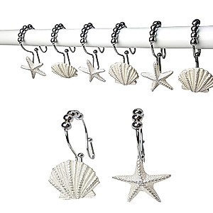 Starfish & Seashell Stainless Steel Rust Resistant Double Hooks Glide Shower Curtain Ring Hangs Holder for Bathroom Home Decor