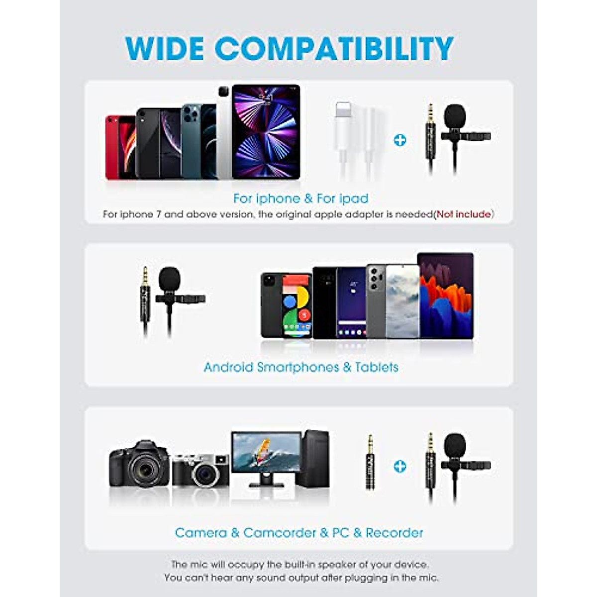 PoP voice Lapel Microphone Lavalier Mic - Noise Cancelling 16 Feet Lav Mic for iPhone Android & Windows Smartphones, Youtube, Interview, Studio, Video Recording (Single Head Omnidirectional Condenser)