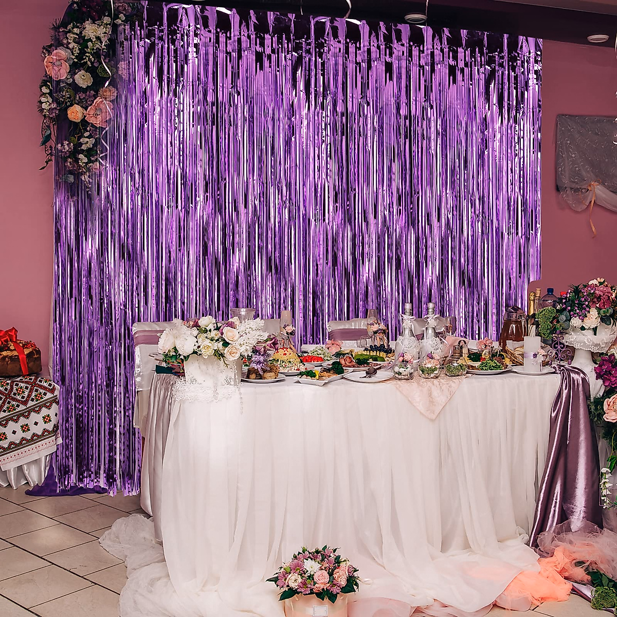Crosize 3 Pack 3.3 x 9.9 ft Purple Foil Fringe Backdrop Curtain, Streamer Backdrop Curtains, Streamers Birthday Party Decorations, Tinsel Curtain for Parties, Galentines Decor