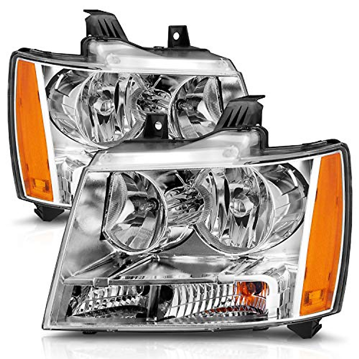 AmeriLite for Chevy 07-13 Tahoe/Suburban/Avalanche Factory Style Chrome Halogen Replacement Headlights Pair - Driver and Passenger Side