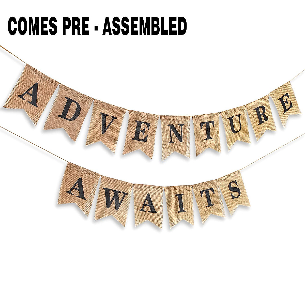 LINGTEER Adventure Awaits Burlap Banner Bunting Bon Voyage Travel Retirement Graduations Wedding Party Pennant Decorations Supplies - [Pre Strung].