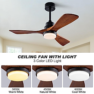 XBIBI 42 Inch Ceiling Fans with Lights and Remote, Dimmable, Modern 3 Blades Wood Ceiling Fan with Light, 6 Speed Quiet DC Motor, Indoor Outdoor Ceiling Fan for Patio Bedroom Kitchen Office