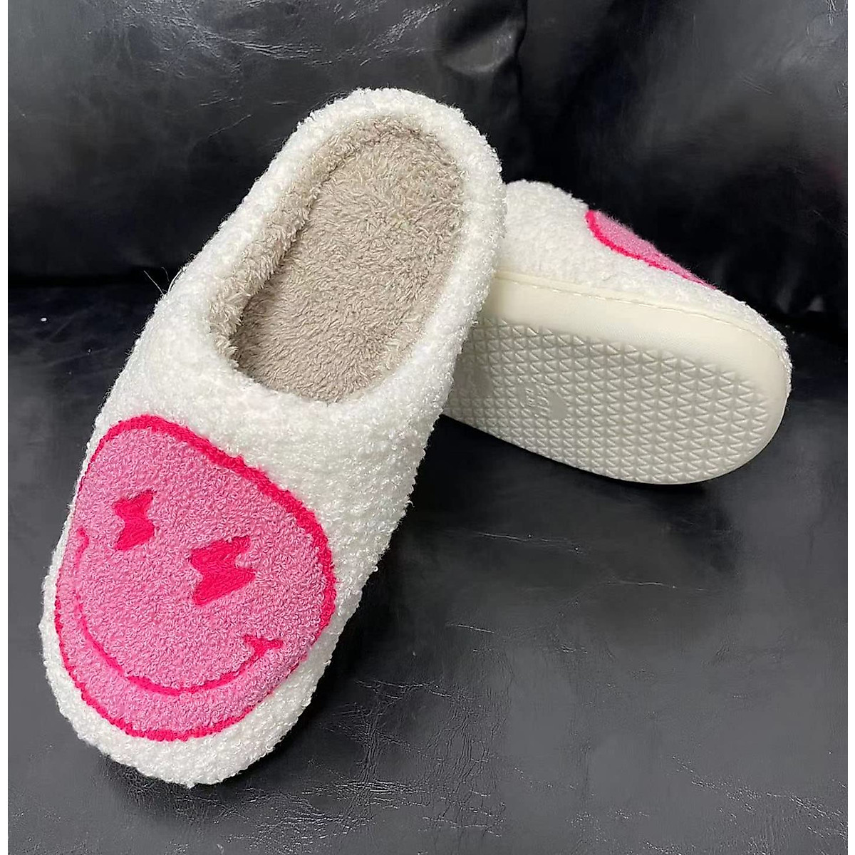 Women's Men's Happy Screw Lightning Happy Face Slippers Love heart-shaped slippers cat slippers Retro Leopard Print Happy Face Memory Foam Soft Plush Slippers Warm Anti-Slip Home Shoes Pink 43-44