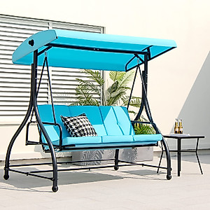 Tangkula 3 Person Porch Swing, 2-in-1 Convertible Patio Swing Bed with Removable Cushions, Solid Steel Structure, Outdoor Swing with Adjustable Canopy for Backyard, Balcony, Poolside (Turquoise)