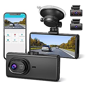 Sarmert 4K 3 Channel Dash Cam Built-in WiFi&GPS, 4” IPS Touch Screen Car Camera, Dash Cam with IR Night Vision, 64GB EMMC Car Dashboard Camera Recorder with Parking Mode, G-Sensor, Loop Recording
