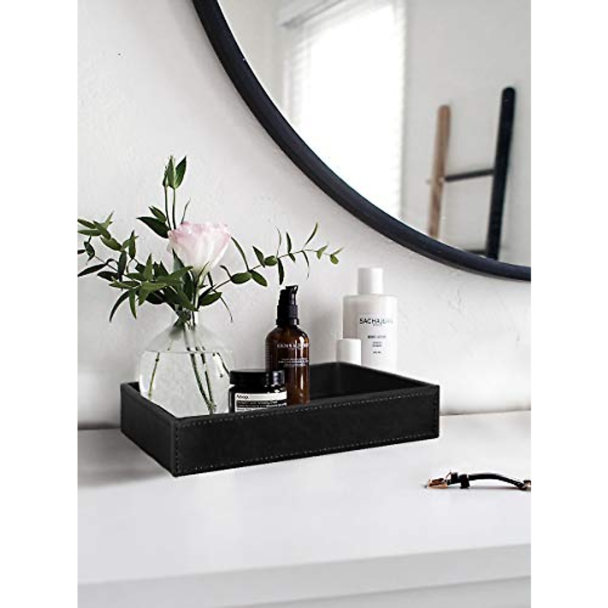 HofferRuffer Faux Leather Vanity Tray, Elegant Desktop Storage Organizer, Decorative Catchall Perfume Tray, Bathroom Valet Tray, Nightstand or Dresser Organizer, Black, 10.2 x 8.4 x 1.8 inches