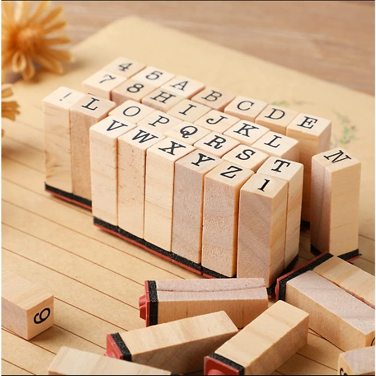 36 Pieces Wooden Rubber Letters Number Stamp, Alphabet Vintage Stamps Set for Card Making, DIY Clay Craft Scrapbooking, with Ink Pad and Box (A#)