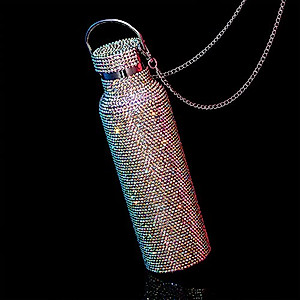 Colorful Diamond Water Bottle Bling Rhinestone Stainless Steel Thermal Bottle Refillable Water Bottle Insulated Water Bottle Glitter Water Bottle with Chain for Women(Silver,750 ml)