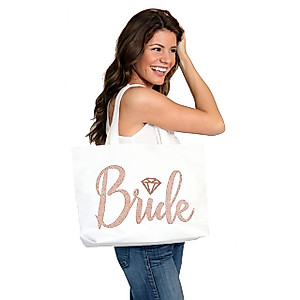 Rose Gold Bride Tote Bag - Giant Brides Tote with Diamond Motif, Bridal Shower Gift & Bridal Accessories - White Tote(DBride RSG) WHT