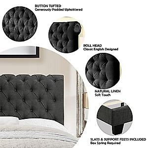 Rosevera Atherine Upholstered Platform Bed Frame/Fabric Upholstered Bed Frame with Adjustable Headboard/Chesterfield-Styled/Wood Slat Support,Queen,Charcoal