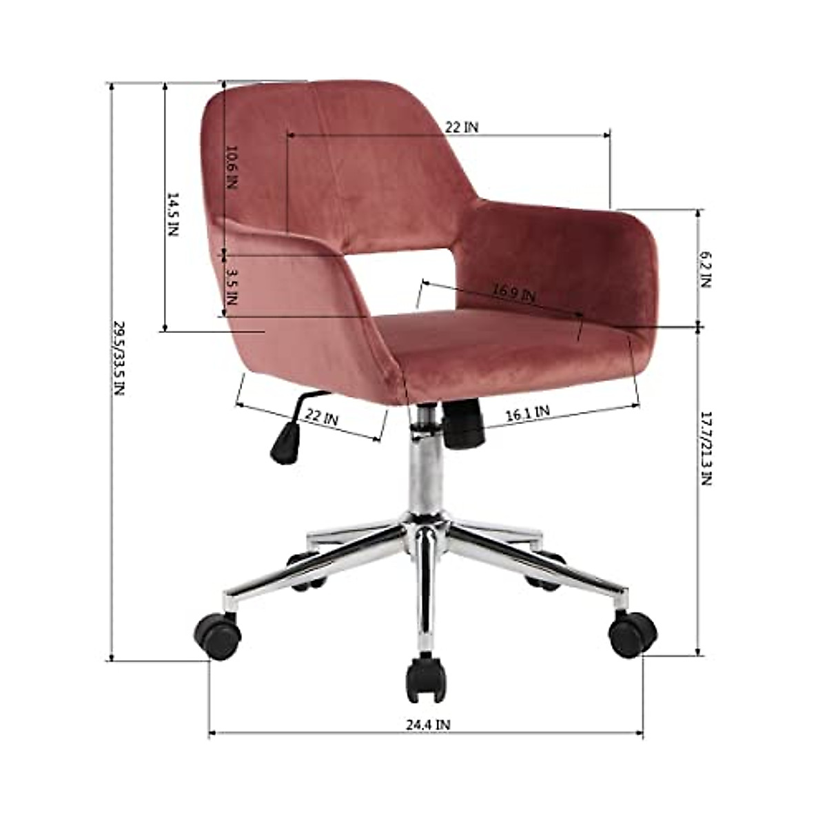 Geniqua Rose Pink Velvet Office Chair Swivel Task Chair Adjustable Mid Height Casters Rolling Computer Chair Modern for Home Office