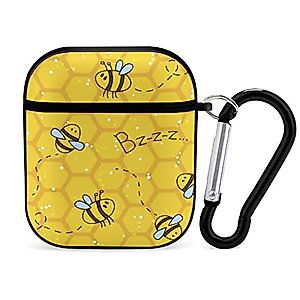 Cute Honey Bee Pattern Airpods Case Wireless Shockproof Protective Bluetooth Headset Cover with A Key Chain Compatible with AirPod 1&2