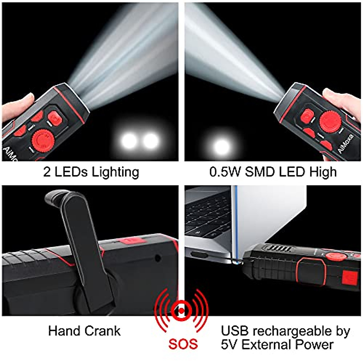 AiMoxa Portable Emergency Radio 【6.1" x 1.9" x 1.3"】, High Lumens Hand Crank Flashlight with Weather Radio, Power Bank for iPhone/Smart Phone, SOS Alarm for Home, Outdoor, Emergency kit